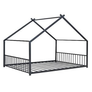 SIYSNKSI Full Size House Bed, Metal Floor Bed Frame with Roof and Sturdy Slat Support, Platform Bed for Kids Teens Girls Boys Bedroom Furniture, No Box Spring Needed (Black + Metal-C36)