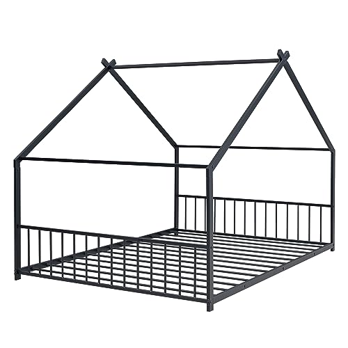 SIYSNKSI Full Size House Bed, Metal Floor Bed Frame with Roof and Sturdy Slat Support, Platform Bed for Kids Teens Girls Boys Bedroom Furniture, No Box Spring Needed (Black + Metal-C36)