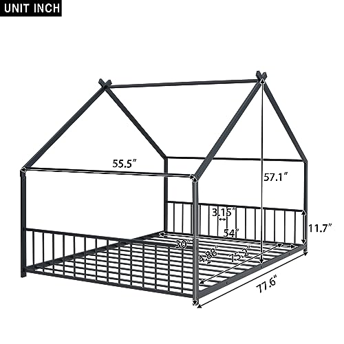 SIYSNKSI Full Size House Bed, Metal Floor Bed Frame with Roof and Sturdy Slat Support, Platform Bed for Kids Teens Girls Boys Bedroom Furniture, No Box Spring Needed (Black + Metal-C36)