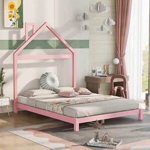 cklmmc full size wood platform bed with house-shaped headboard, unique platform bed for kids boys girls bedroom, no box spring required (pink/house-b)