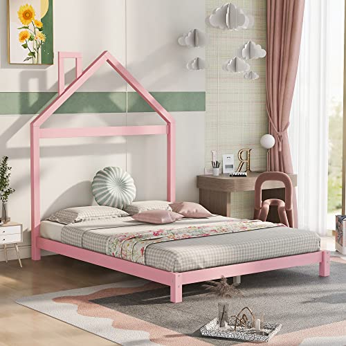 CKLMMC Full Size Wood Platform Bed with House-Shaped Headboard, Unique Platform Bed for Kids Boys Girls Bedroom, No Box Spring Required (Pink/House-B)