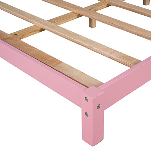 CKLMMC Full Size Wood Platform Bed with House-Shaped Headboard, Unique Platform Bed for Kids Boys Girls Bedroom, No Box Spring Required (Pink/House-B)