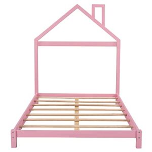 CKLMMC Full Size Wood Platform Bed with House-Shaped Headboard, Unique Platform Bed for Kids Boys Girls Bedroom, No Box Spring Required (Pink/House-B)