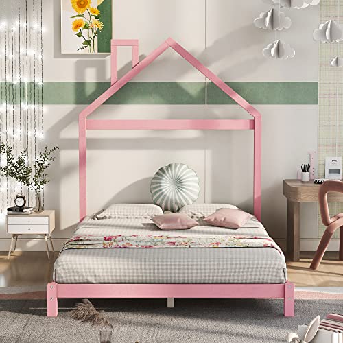 CKLMMC Full Size Wood Platform Bed with House-Shaped Headboard, Unique Platform Bed for Kids Boys Girls Bedroom, No Box Spring Required (Pink/House-B)