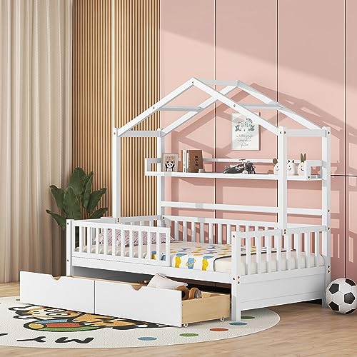 Twin Size House Bed with 2 Drawers and Shelf, Wood House Bed Frame with Roof Design and Safety Guardrail, Montessori Bed for Girls Boys Bedroom, Can be Decorated (White + Wood-A39)