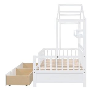 Twin Size House Bed with 2 Drawers and Shelf, Wood House Bed Frame with Roof Design and Safety Guardrail, Montessori Bed for Girls Boys Bedroom, Can be Decorated (White + Wood-A39)