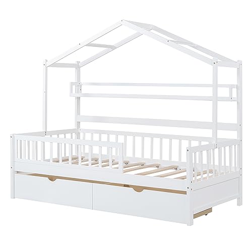 Twin Size House Bed with 2 Drawers and Shelf, Wood House Bed Frame with Roof Design and Safety Guardrail, Montessori Bed for Girls Boys Bedroom, Can be Decorated (White + Wood-A39)