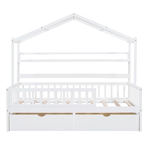 Twin Size House Bed with 2 Drawers and Shelf, Wood House Bed Frame with Roof Design and Safety Guardrail, Montessori Bed for Girls Boys Bedroom, Can be Decorated (White + Wood-A39)