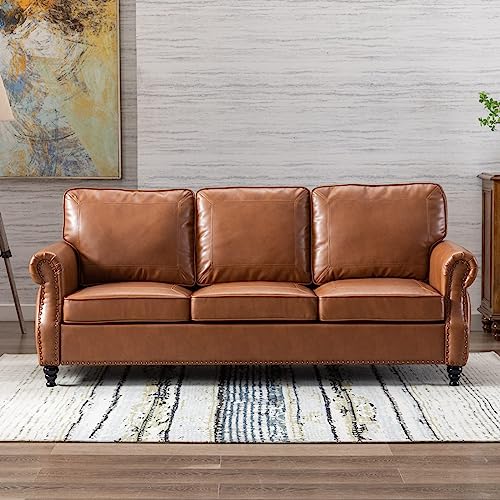 Dreamsir 79'' Traditional Faux Leather Sofa Couch with Nailhead Trim, Classic 3-Seater Couch with Rolled Arm for Living Room, Bedroom, Apartment, Easy Assembly (Brown)