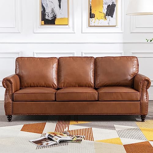 Dreamsir 79'' Traditional Faux Leather Sofa Couch with Nailhead Trim, Classic 3-Seater Couch with Rolled Arm for Living Room, Bedroom, Apartment, Easy Assembly (Brown)