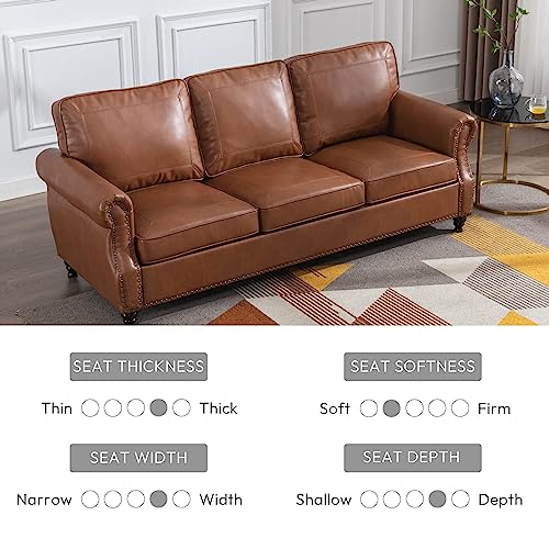 Dreamsir 79'' Traditional Faux Leather Sofa Couch with Nailhead Trim, Classic 3-Seater Couch with Rolled Arm for Living Room, Bedroom, Apartment, Easy Assembly (Brown)