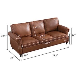 Dreamsir 79'' Traditional Faux Leather Sofa Couch with Nailhead Trim, Classic 3-Seater Couch with Rolled Arm for Living Room, Bedroom, Apartment, Easy Assembly (Brown)