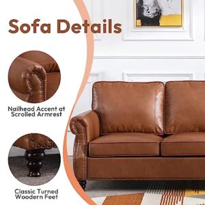 Dreamsir 79'' Traditional Faux Leather Sofa Couch with Nailhead Trim, Classic 3-Seater Couch with Rolled Arm for Living Room, Bedroom, Apartment, Easy Assembly (Brown)