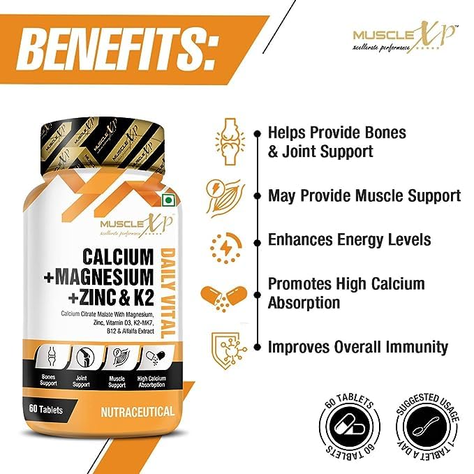 Calcium + Magnesium + Zinc & K2 - MK7 Daily Vital with Alfalfa Extract, Vitamin B12 and D3, 60 Tablets