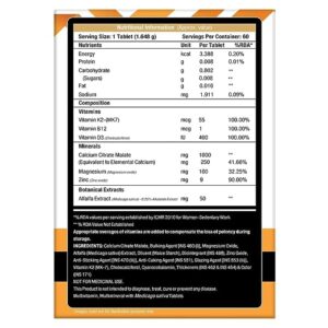 Calcium + Magnesium + Zinc & K2 - MK7 Daily Vital with Alfalfa Extract, Vitamin B12 and D3, 60 Tablets