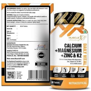 Calcium + Magnesium + Zinc & K2 - MK7 Daily Vital with Alfalfa Extract, Vitamin B12 and D3, 60 Tablets