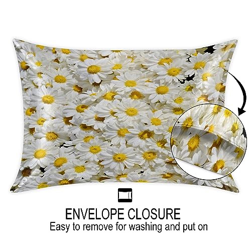 Daisy Floral Prints Satin Pillow Cases Silk Satin Pillowcase for Hair and Skin Standard Set of 2 Super Soft Silk Pillowcase with Envelope Closure (20x26 in)