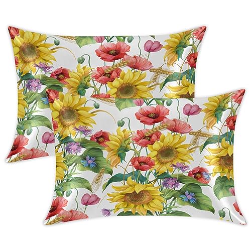 Floral Sunflower Poppy Satin Pillow Cases Silk Satin Pillowcase for Hair and Skin Standard Set of 2 Super Soft Silk Pillowcase with Envelope Closure (20x26 in)