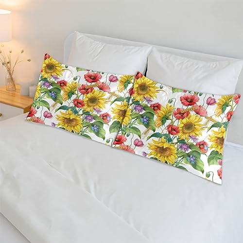 Floral Sunflower Poppy Satin Pillow Cases Silk Satin Pillowcase for Hair and Skin Standard Set of 2 Super Soft Silk Pillowcase with Envelope Closure (20x26 in)