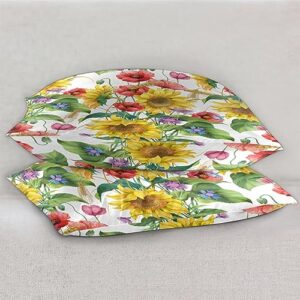 Floral Sunflower Poppy Satin Pillow Cases Silk Satin Pillowcase for Hair and Skin Standard Set of 2 Super Soft Silk Pillowcase with Envelope Closure (20x26 in)