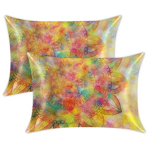 Abstract Ancient Mandala Satin Pillow Cases Silk Satin Pillowcase for Hair and Skin Standard Set of 2 Super Soft Silk Pillowcase with Envelope Closure (20x26 in)