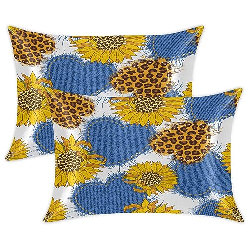 Denim Hearts Sunflower Satin Pillow Cases Silk Satin Pillowcase for Hair and Skin Standard Set of 2 Super Soft Silk Pillowcase with Envelope Closure (20x26 in)