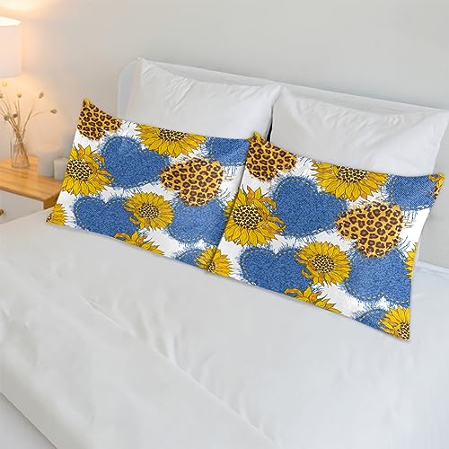 Denim Hearts Sunflower Satin Pillow Cases Silk Satin Pillowcase for Hair and Skin Standard Set of 2 Super Soft Silk Pillowcase with Envelope Closure (20x26 in)