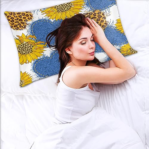 Denim Hearts Sunflower Satin Pillow Cases Silk Satin Pillowcase for Hair and Skin Standard Set of 2 Super Soft Silk Pillowcase with Envelope Closure (20x26 in)