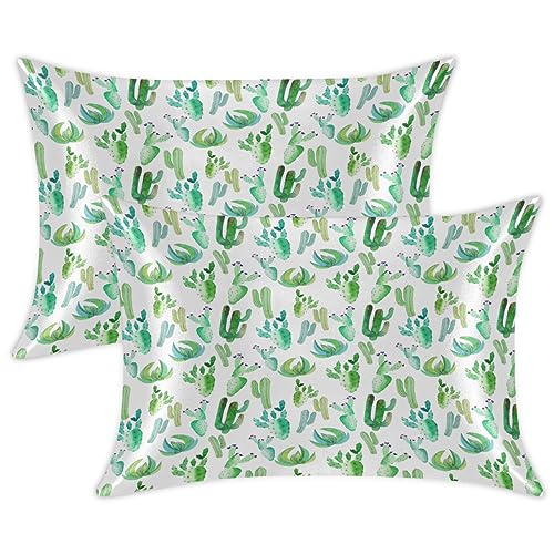 Tropical Cactus Themes Satin Pillow Cases Silk Satin Pillowcase for Hair and Skin Standard Set of 2 Super Soft Silk Pillowcase with Envelope Closure (20x26 in)