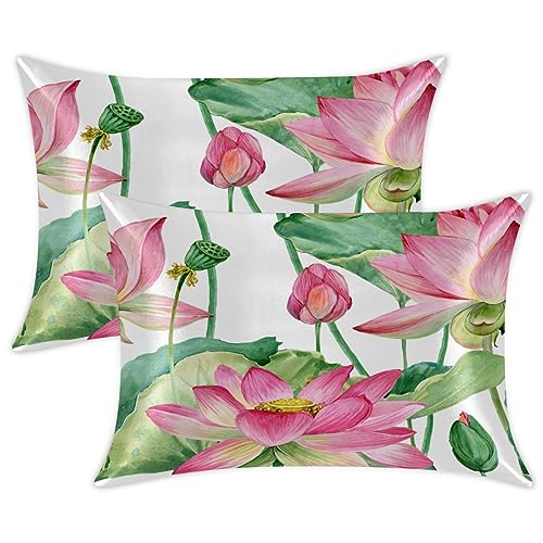 Floral Lotus Pattern Satin Pillow Cases Silk Satin Pillowcase for Hair and Skin Standard Set of 2 Super Soft Silk Pillowcase with Envelope Closure (20x26 in)