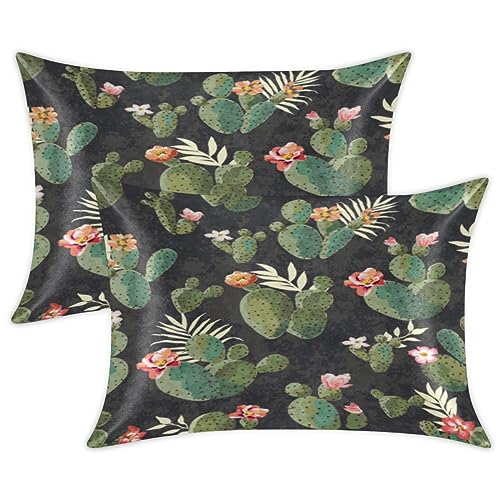 Cactus Flowers Satin Pillow Cases Silk Satin Pillowcase for Hair and Skin Standard Set of 2 Super Soft Silk Pillowcase with Envelope Closure (20x26 in)