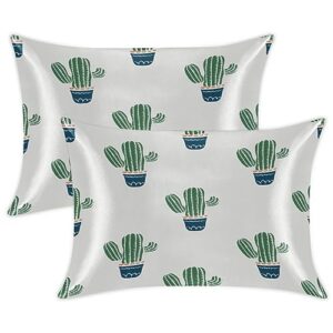 cartoon cactus satin pillow cases silk satin pillowcase for hair and skin standard set of 2 super soft silk pillowcase with envelope closure (20x26 in)