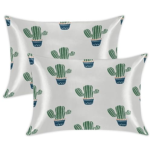 Cartoon Cactus Satin Pillow Cases Silk Satin Pillowcase for Hair and Skin Standard Set of 2 Super Soft Silk Pillowcase with Envelope Closure (20x26 in)