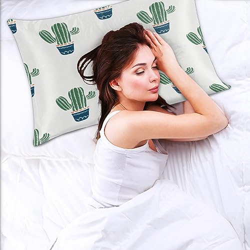 Cartoon Cactus Satin Pillow Cases Silk Satin Pillowcase for Hair and Skin Standard Set of 2 Super Soft Silk Pillowcase with Envelope Closure (20x26 in)