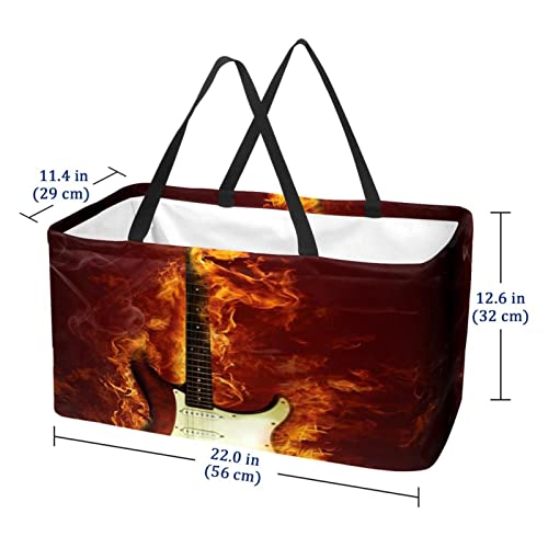 Reusable Grocery Bag Electric Guitar in Flames Burning Fire Large Stand Up Tote Shopping Bag with Reinforced Handles