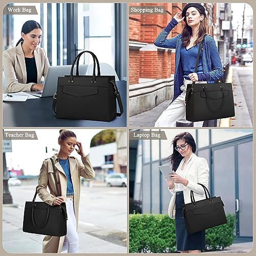 Laptop Bag for Women 15.6 inch Leather Tote Bag 2pcs Set Professional Work Bag with Envelope Clutch Bag Large Office Computer Bag Teacher Bag Shoulder Bag Satchel Purse, Black