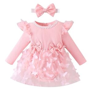 idopip baby girls butterfly tutu dress ruffle long sleeve romper with butterfly tutu skirt and bowknot headband 2pcs infant girls 1st birthday outfit winter fall dress clothes pink 3-6 months