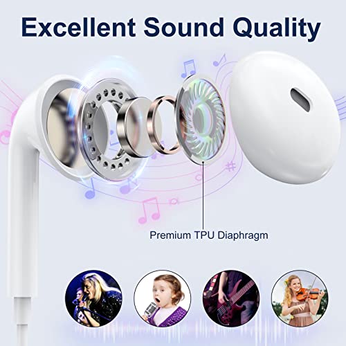 WASABI MANGO Earbuds Headphones with Connector [MFi Certified] Built-in Microphone & Volume Control, Noise Isolating Wired Earphones for 14/13/12/11/XR/XS/X/8/11 Support All iOS