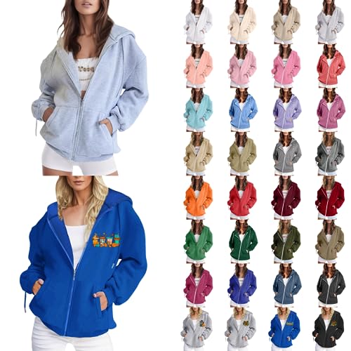 mjhGcfj Women's Cute Hoodies Teen Girl Fall Oversized Sweatshirts Halloween Print Drawstring Zip Up Y2K Hoodie with Pockets A10-Blue, XX-Large