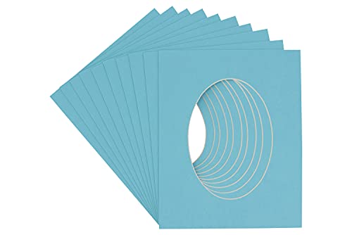 CountryArtHouse Aqua Blue Acid Free 8.5x11 Oval Picture Frame Mat with White Core Bevel Cut for 7x10 Pictures - Fits 8.5x11 Frame - Pack of 10 Matboard Show Kits with Acid Free Backings & Clear Bags