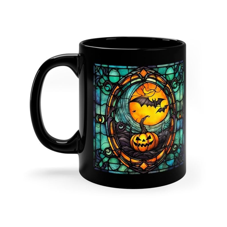 Stained glass Halloween coffee mug, spooky season cup, pumpkin mug, fall gift, dark creepy nightfall, bat themed