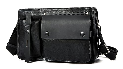 Men's Small Crossbody Shoulder Bag Multi-Pocket Satchel Bags Genuine Leather Business Commuting Messenger Bag (Black)