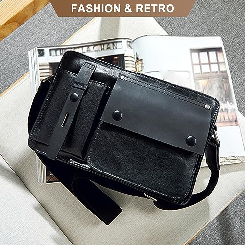 Men's Small Crossbody Shoulder Bag Multi-Pocket Satchel Bags Genuine Leather Business Commuting Messenger Bag (Black)