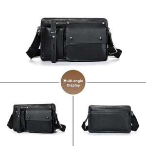 Men's Small Crossbody Shoulder Bag Multi-Pocket Satchel Bags Genuine Leather Business Commuting Messenger Bag (Black)