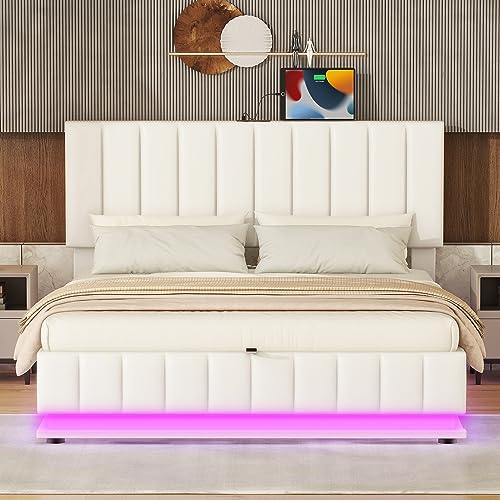 Modern Queen Size Upholstered Bed with Hydraulic Storage System and LED Light, PU Leather Upholstered Platform Bed Frame with Adjustable Headboard and USB Ports, Strong Slatted Support (White-PW)