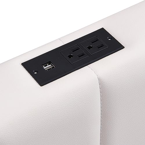 Modern Queen Size Upholstered Bed with Hydraulic Storage System and LED Light, PU Leather Upholstered Platform Bed Frame with Adjustable Headboard and USB Ports, Strong Slatted Support (White-PW)