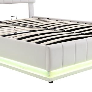 Modern Queen Size Upholstered Bed with Hydraulic Storage System and LED Light, PU Leather Upholstered Platform Bed Frame with Adjustable Headboard and USB Ports, Strong Slatted Support (White-PW)