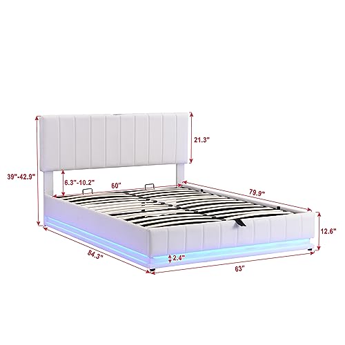 Modern Queen Size Upholstered Bed with Hydraulic Storage System and LED Light, PU Leather Upholstered Platform Bed Frame with Adjustable Headboard and USB Ports, Strong Slatted Support (White-PW)