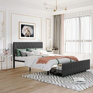 voohek queen size, metal platform, upholstered headboard,with storage space,gray bed frame