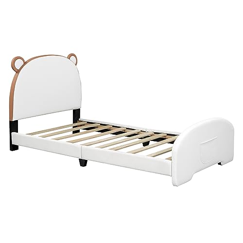 Harper & Bright Designs Upholstered Kids Bed Frame with Bear Shape Headboard, PU Upholstered Twin Size Platform Bed with Slat Supports, Cute Kids Bed for Boys Girls (Twin,White+Brown)